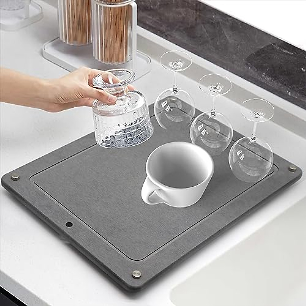 Water Absorbing Stone Dish Drying Mats for Kitchen Counter, Quick Dry Diatomaceous Earth Sink Tray Mat for Dish Bottles Cups, Bathrooms Multi-Room Use