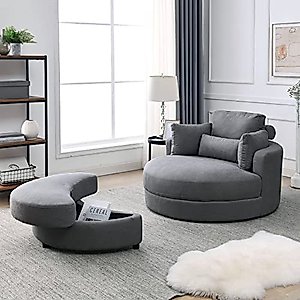 FULife Oversized Swivel Accent Barrel Chair with Storage Ottoman+4 Pillows,Comfy Upholstered 360 Recliner Sofa Club Chaise Leisure Round Loveseat Lounge Armchair for Living Room/Hotel/Nursery