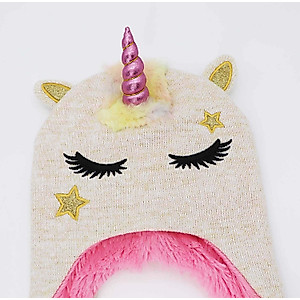 Kids Girls Cute Glitter Unicorn Beanie Winter Hat and Glove Set Knitted Earflap Cap Flip Top Mitten Set Beige