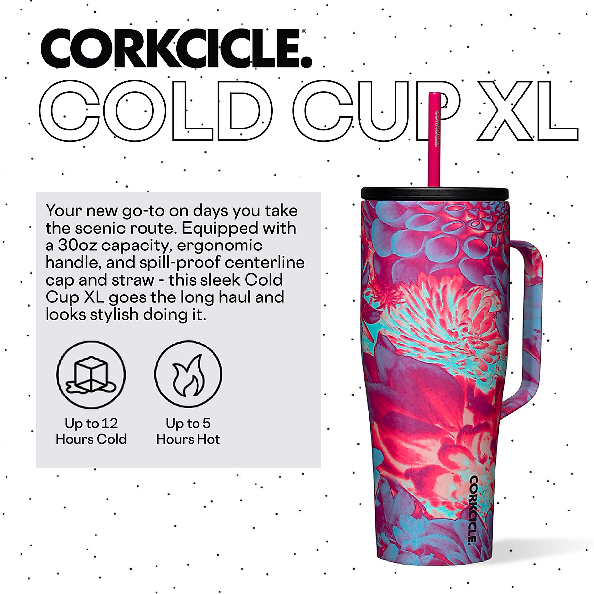 Corkcicle Cold Cup XL Insulated Tumbler with Handle, Lid, & Straw, Dopamine Floral, 30 oz – Reusable Cupholder Friendly Water Bottle Keeps Drinks Cold 12hrs