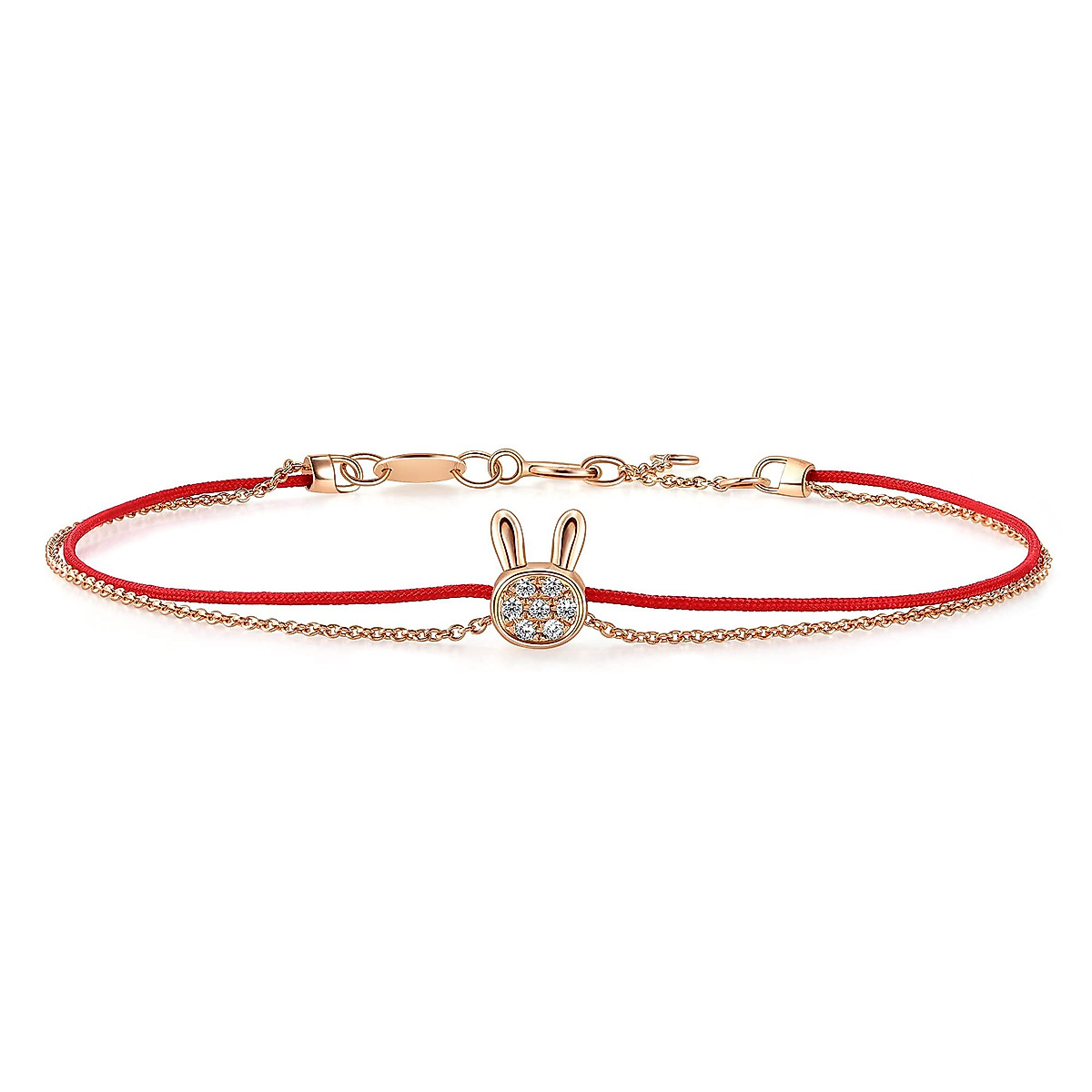CHOW SANG SANG Promessa 18K Rose Gold 0.041 Carat (G-H Color, SI1-SI2 Clarity) Diamond Rabbit Bracelet with Red Thread for Women 92513B | 6.6", (17 CM)