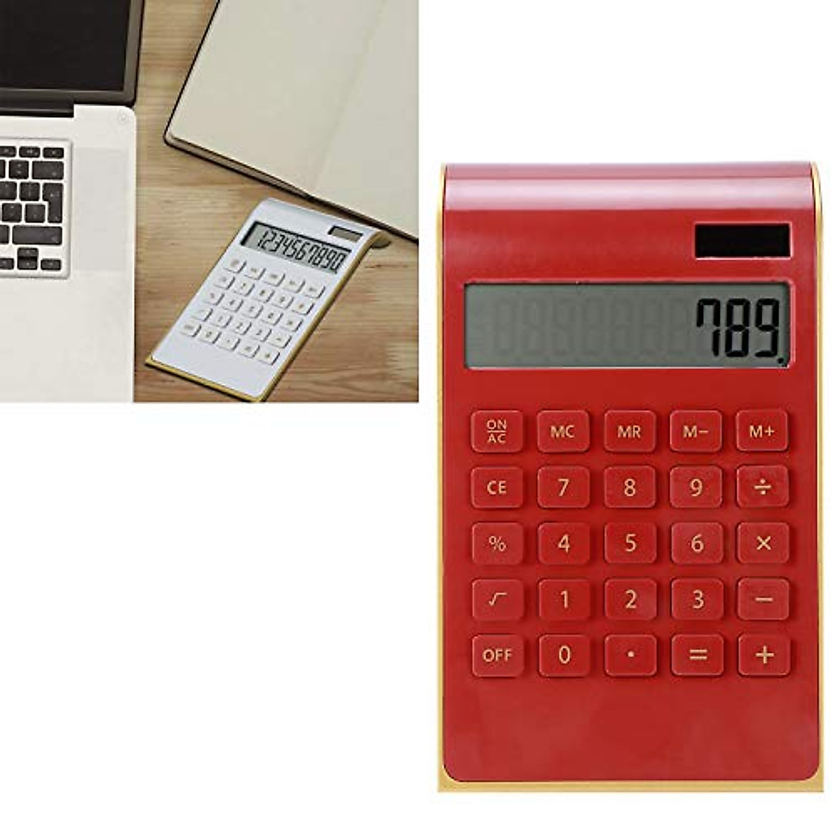 TOPINCN Portable 10 Digits Calculator Tilted LCD Display Ultra Thin Solar Power Calculator for Home Office Business(Red)
