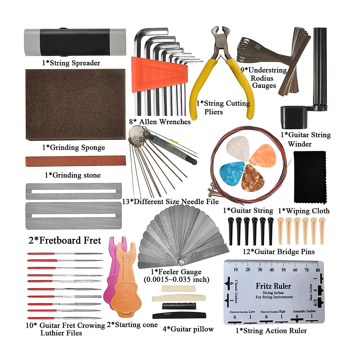 74 Pcs Guitar Tools Kits Repair Setup Maintenance Adjustments Cleaning DIY for Electric Guitar, Ukulele, Bass Banjo & Other Stringed Instruments Beginner Professionals Luthier Easy Use GAT-188