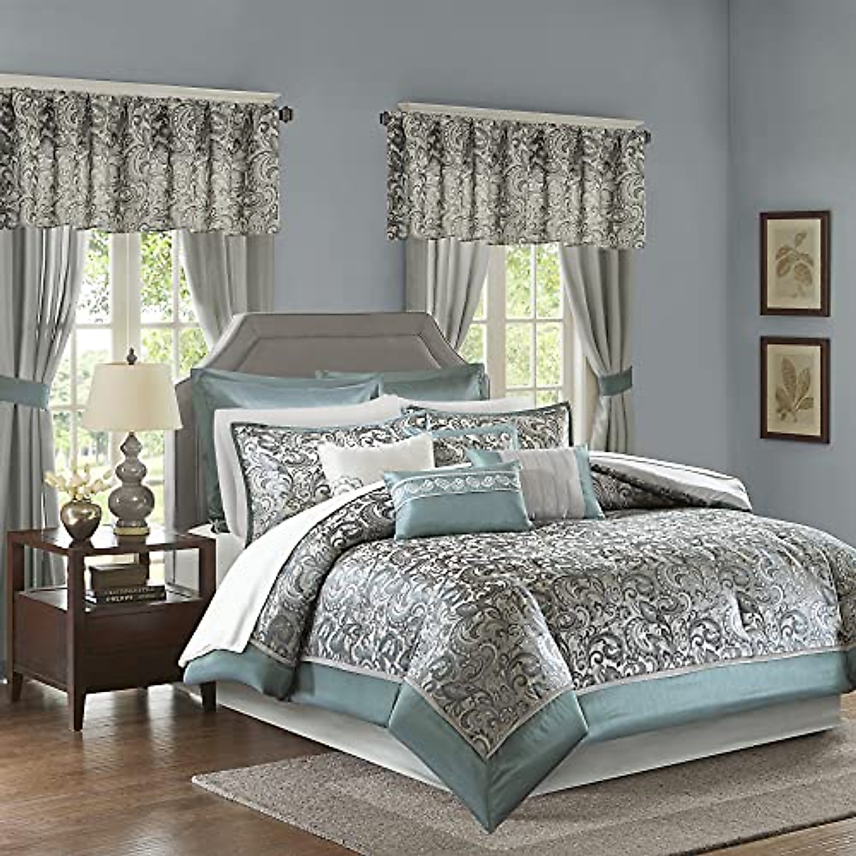 Madison Park Essentials Brystol 24 Piece Room in a Bag Faux Silk Comforter Jacquard Paisley Design Matching Curtains Down Alternative Hypoallergenic All Season Bedding-Set, Queen (90 in x 90 in), Teal