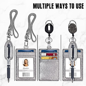 Retractable ID Badge Holder, Multipurpose Bling Rhinestone Badge Reel with Belt Clip, Shiny PU Leather Badge Holder with Lanyard and Pen Holder for Nurse, Teacher, Student, Office Worker (Silver)