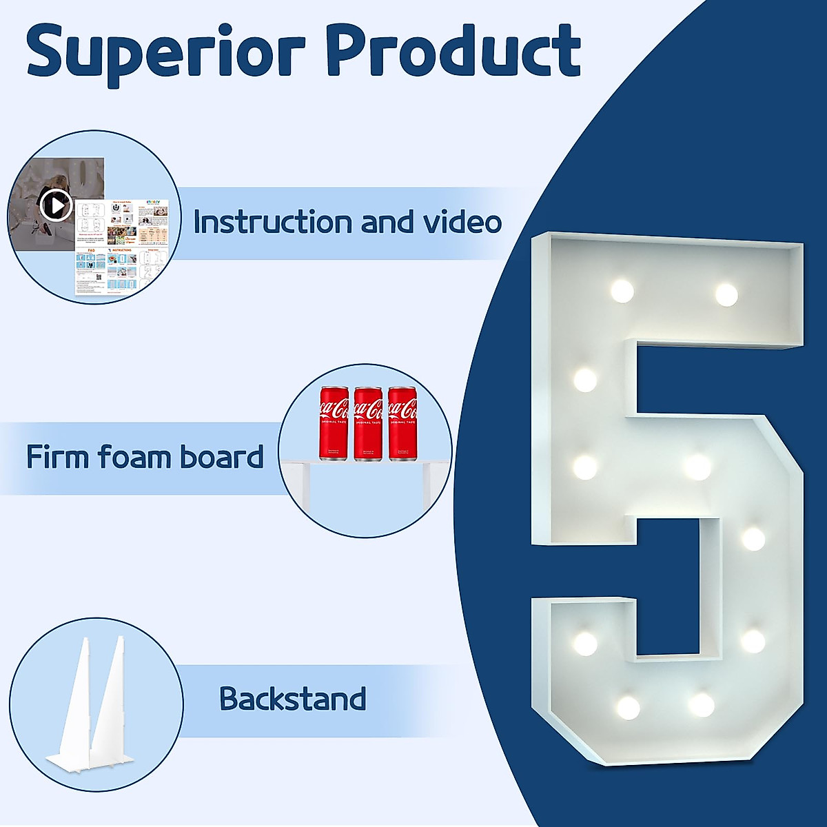 imprsv 4FT Marquee Light Up Numbers, Marquee Numbers 5, Cool White Light Up Numbers for Party, Big Numbers for 5th 15th 25th 50th Birthday Party Decorations, Anniversary Decor