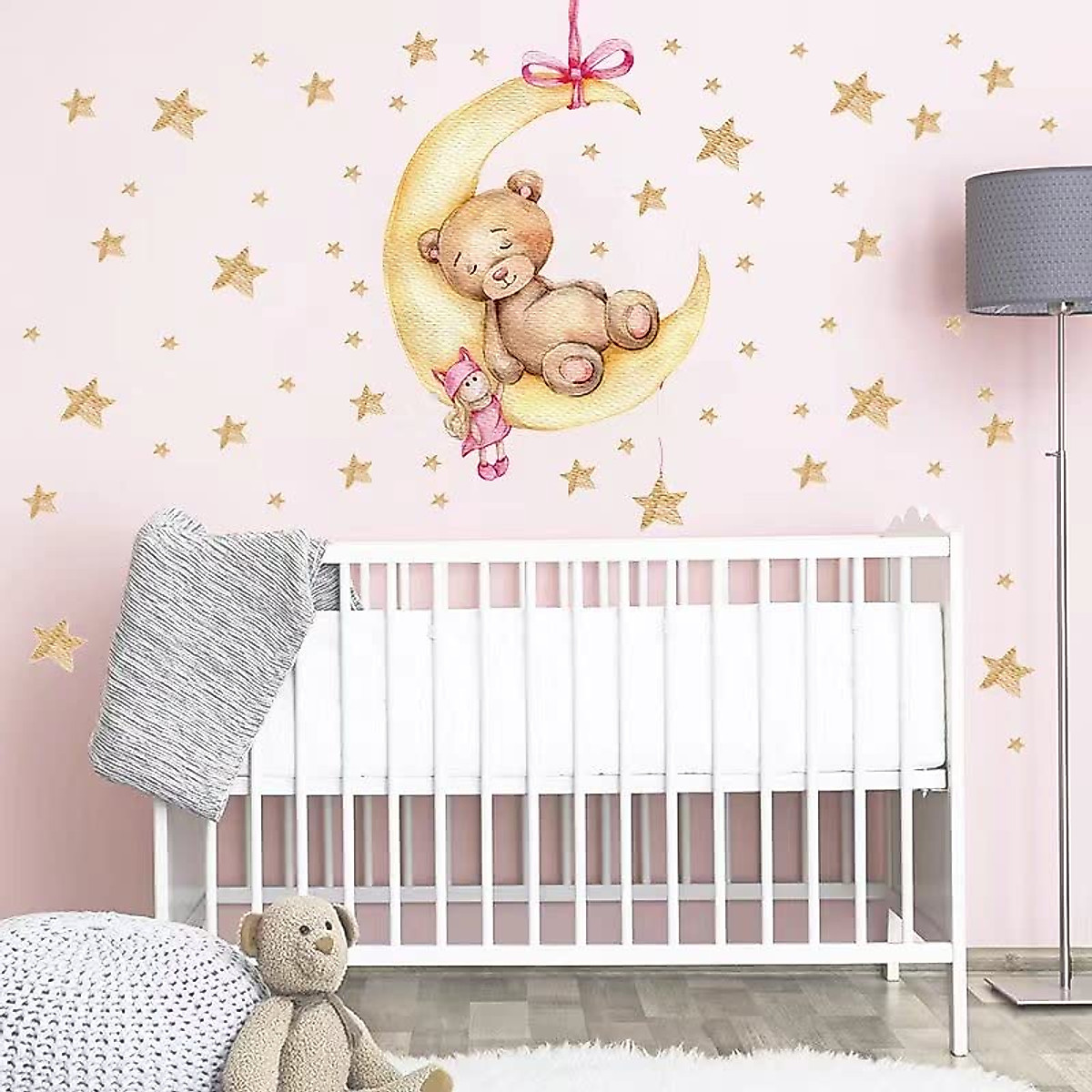 Teddy Bear with Stars Wall Stickers Vinyl Decal Baby Room Decor Nursery Interior Decoration Teddy Bear Wall Decals (Gold)