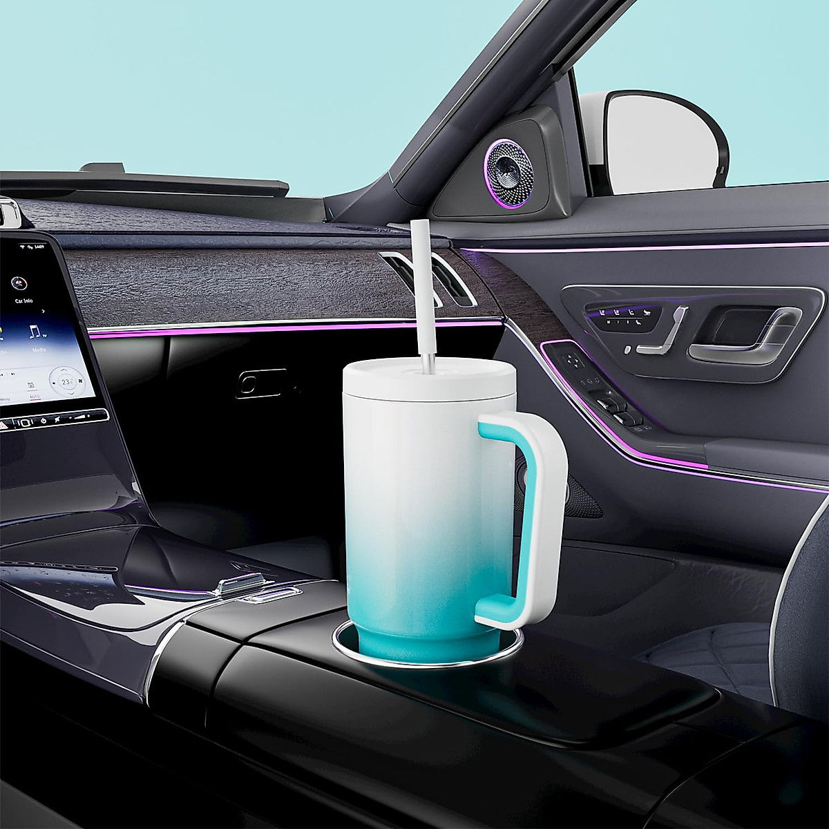 Meoky 24 oz Tumbler with Handle and Straw, 100% Leak-proof Tumbler with Lid and Straw, Insulated Stainless Steel Travel Coffee Mug, Keeps Cold for 24 Hours (Azure)