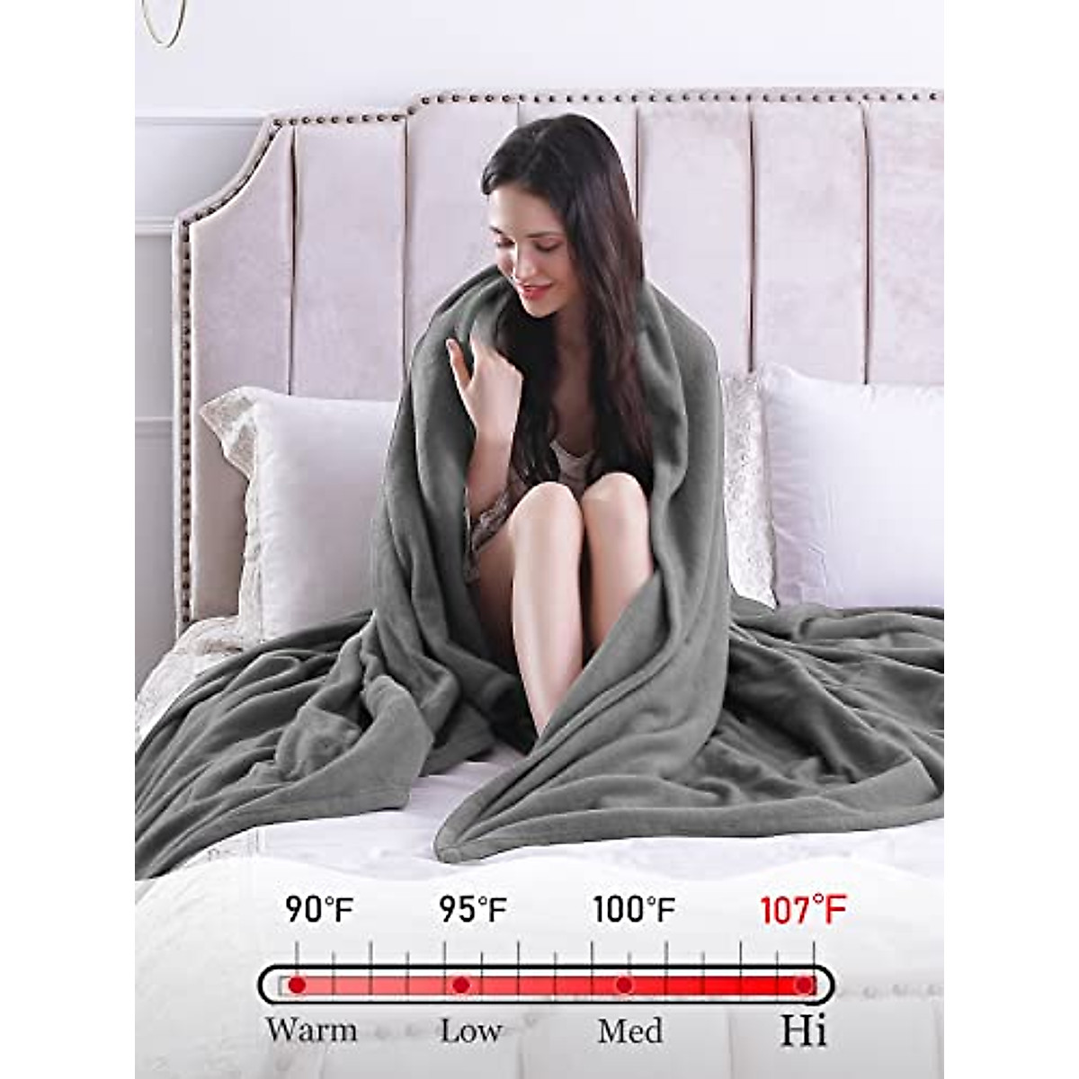 CURECURE Electric Heated Blanket 62'' x 84'' Electric Blanket for Whole Body Warming, ETL and FCC Certification Fast Heating with 4 Heating Levels & 10 Hours Auto-Off, Machine Washable, Grey