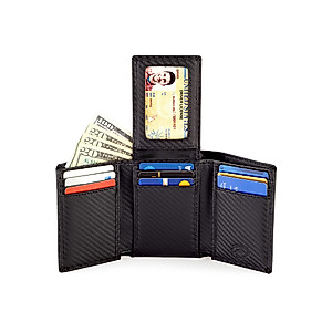 Stealth Mode Trifold Wallet - RFID Blocking Wallet with Flip ID Holder - Leather Case for Money, Credit Cards - Mens Organizer, Divided Billfold, Identity Protection - Men's Gifts (Carbon Fiber)