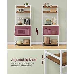 VASAGLE Hutch Bakers Rack with Power Outlet, 14 Hooks Microwave Stand, Adjustable Coffee Bar with Metal Wire Panel, Kitchen Storage Shelf, 15.7 x 23.6 x 66.9 Inches, Rustic Walnut and White UKKS037W41