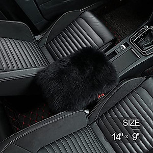 LLB Auto Center Console Cover Pad Universal Fit for SUV/Truck/Car, Genuine Sheepskin Wool Fur Car Armrest Seat Box Cover, Furry Fluffy Auto Armrest Cover Protector (Black)