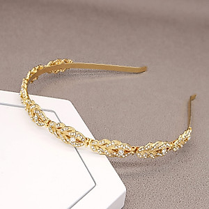 Oriamour Flower Design Rhinestone Crystal Wedding Headband Bridal Headpieces Simple Design Bridal Headband (Gold)