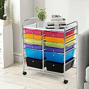12-Drawer Rolling Storage Craft Cart and Organizer - Rolling Organizer Cart Tools and 4 Universal Casters (Transparent Multicolor)