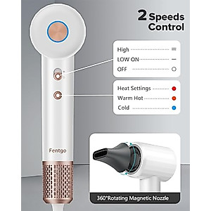 Fentgo High Speed Ionic Hair Dryer with Diffuser, Professonal Blow Dryer 110,000 RPM Brushless Motor for Fast Drying, 1500W 4Temps /2Speeds, Thermo-Control Hairdryer for Women Home Travel (White)