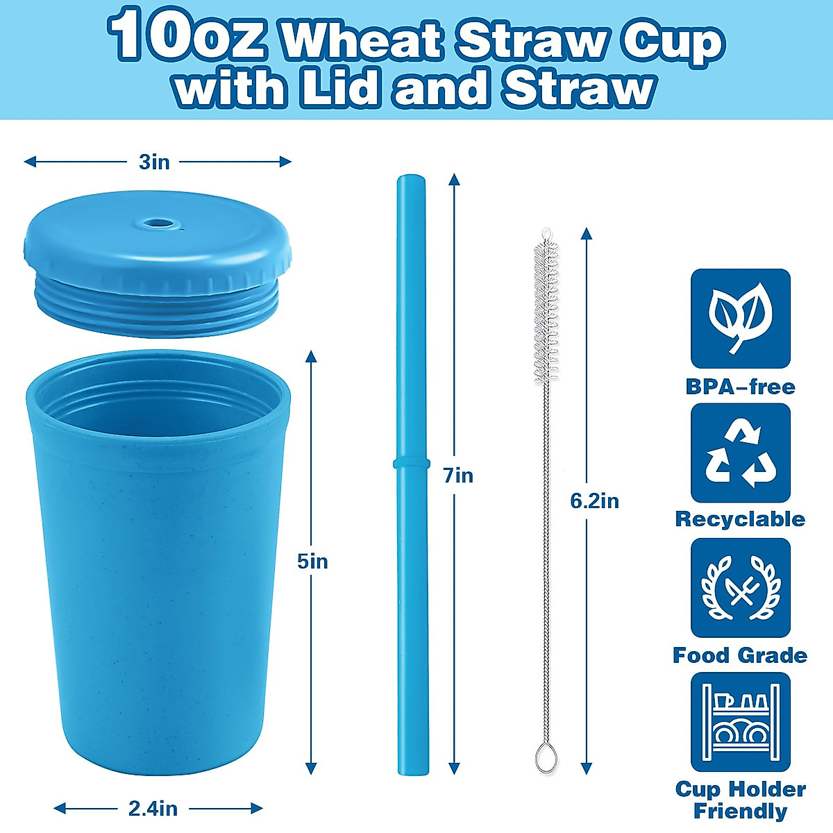 Reusable 10oz Wheat Straw Cups, Durable Water Cups With Lids and Straws for Kids, Chip Resistant Tumbler and Unbreakable Kitchen Drinking Cups, BPA free, Microwave & Dishwasher Safe