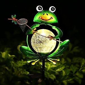 XIFEINIU Garden Solar Lights Outdoor Decorations, Waterproof Frog Crackle Glass Globe Metal Garden Stake Lights, Solar Powered Warm White LED Light for Christmas Pathway Lawn Patio Yard Decor