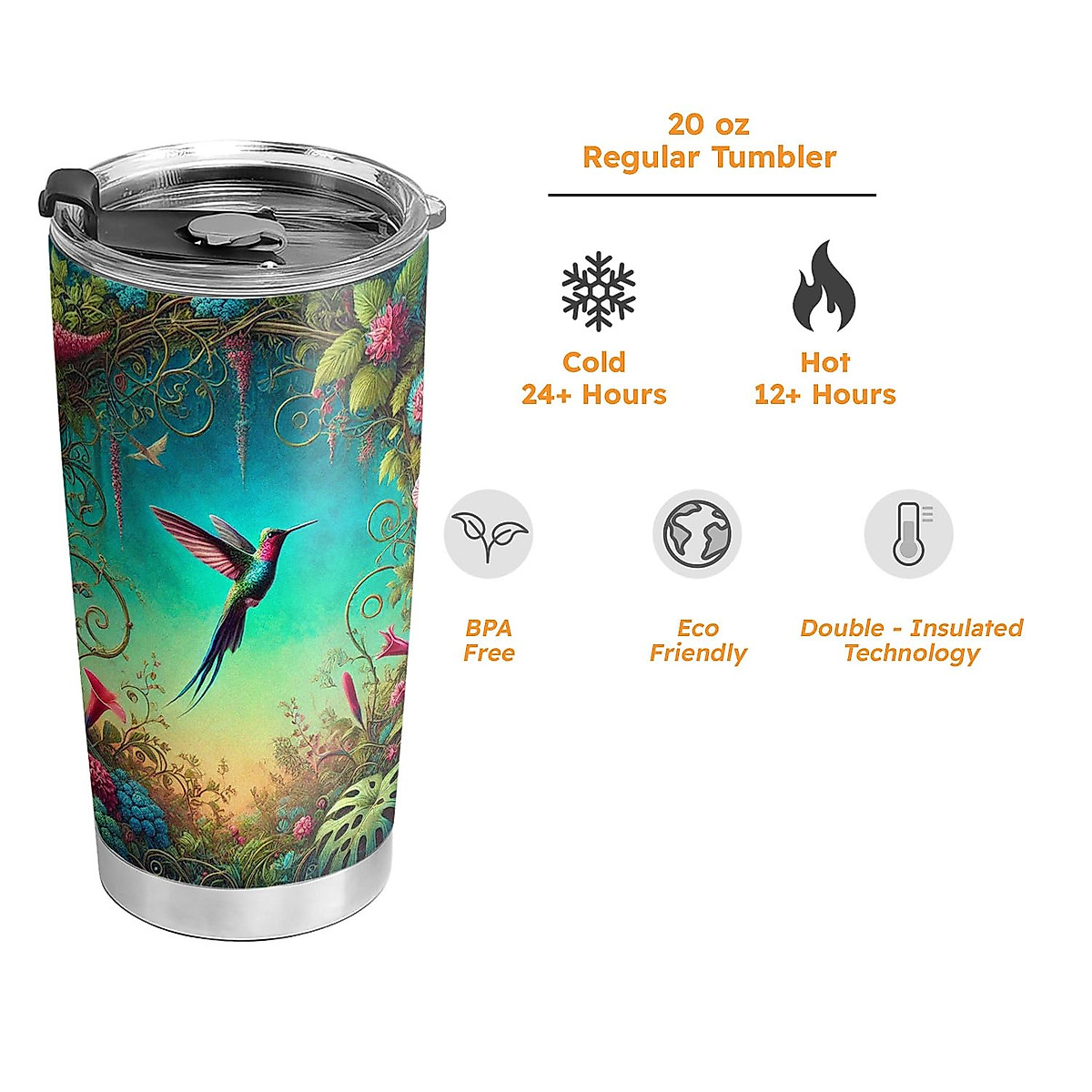 20oz Hummingbird Tumbler, Gifts for Hummingbird Lovers, Coffee Thermos for Women, Stainless Steel Double Wall Vacuum Insulated Coffee Mug, Travel Cup with Lid