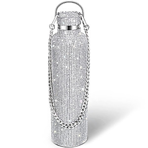 Diamond Water Bottle Bling Rhinestone Stainless Steel Thermal Bottle Refillable Water Bottle Insulated Water Bottle Glitter Water Bottle with Chain for Women Girls Gifts (Light Silver, 1000 ml)