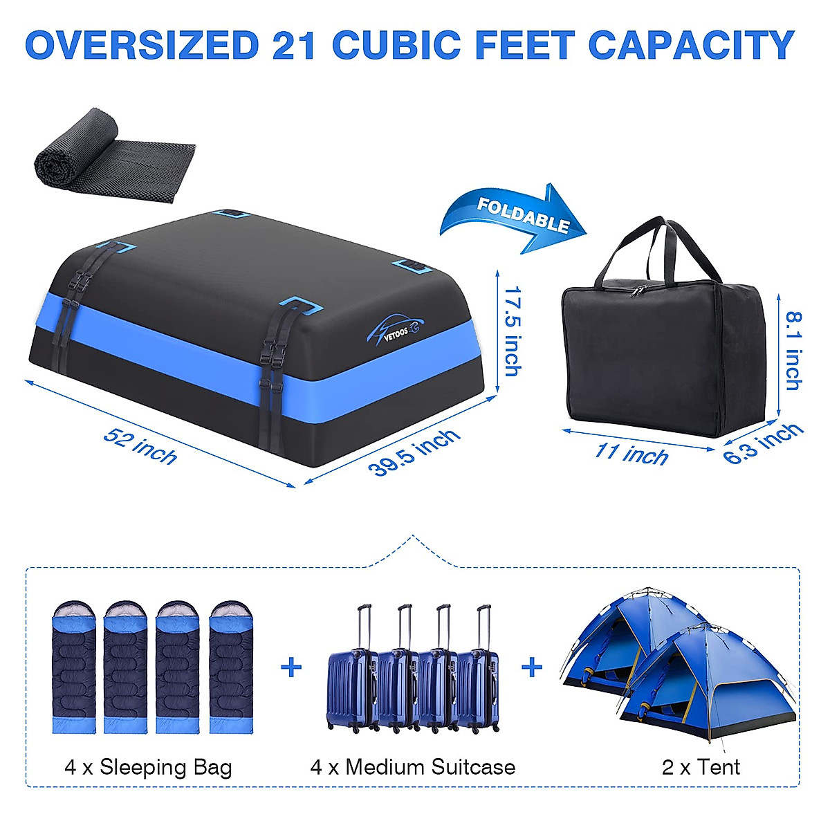Vetoos 21 Cubic Feet Car Rooftop Cargo Carrier Bag, Soft Roof Top Luggage Bag for All Vechicles SUV with/Without Racks - Waterproof Zip, Anti-Tear 900D PVC, with Storage Bag & Anti-Slip Mat