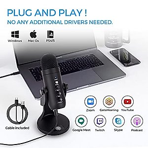 PtevSoh Professional Cardioid Condenser Microphone, Plug and Play, One-Key Mute, Real-time Monitor, Gain Adjustment, Noise Reduction, Compatible with PC, Mac, PS4/5.