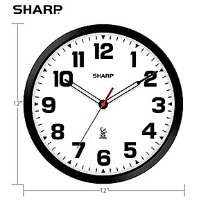 SHARP Atomic Analog Wall Clock - 12" Black Stylish Frame - Sets Automatically- Battery Operated - Easy to Read - Easy to Use – Modern Design and Style