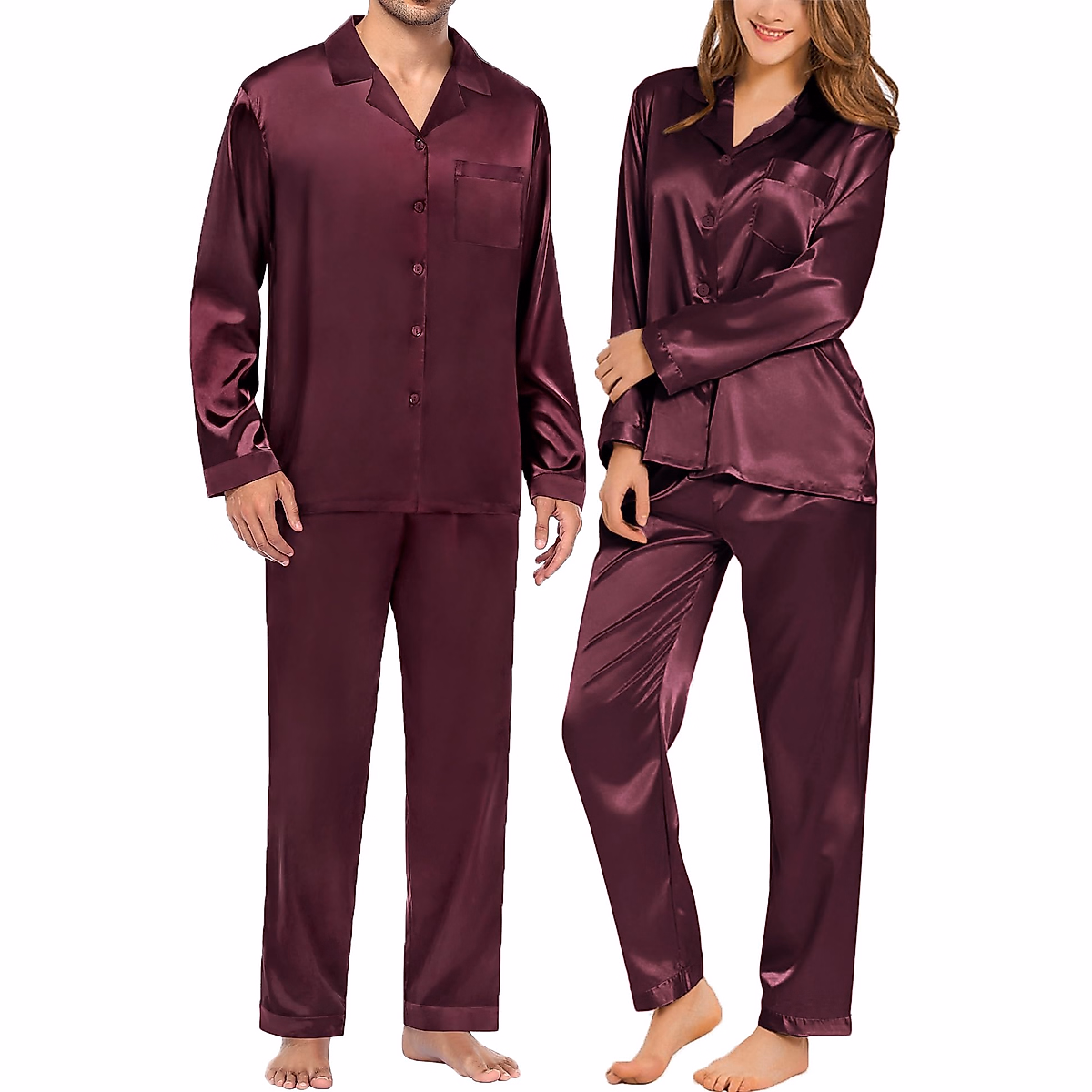 SWOMOG Women Pajamas Matching Pajamas Set Silk Satin Men Pj Set Long Sleeve Button Down Sleepwear 2 Pcs Loungewear Deep Wine Red Medium