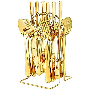 Silverware Set 24 Piece Gold Silverware Flatware Cutlery Set With Stand Include Knife Fork Spoon,Hanging Stainless Steel Utensils Set Service for 6,Dishwasher Safe (gold)
