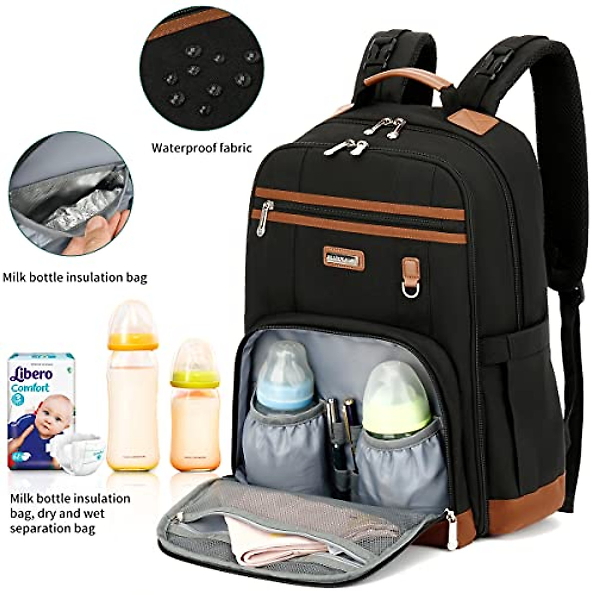 BILLITON MASHI Baby Diaper Bag Backpack for Mom, Travel Baby Bags for Boys Girls with Insulated Pocket Stroller Straps, Large Capacity, Black