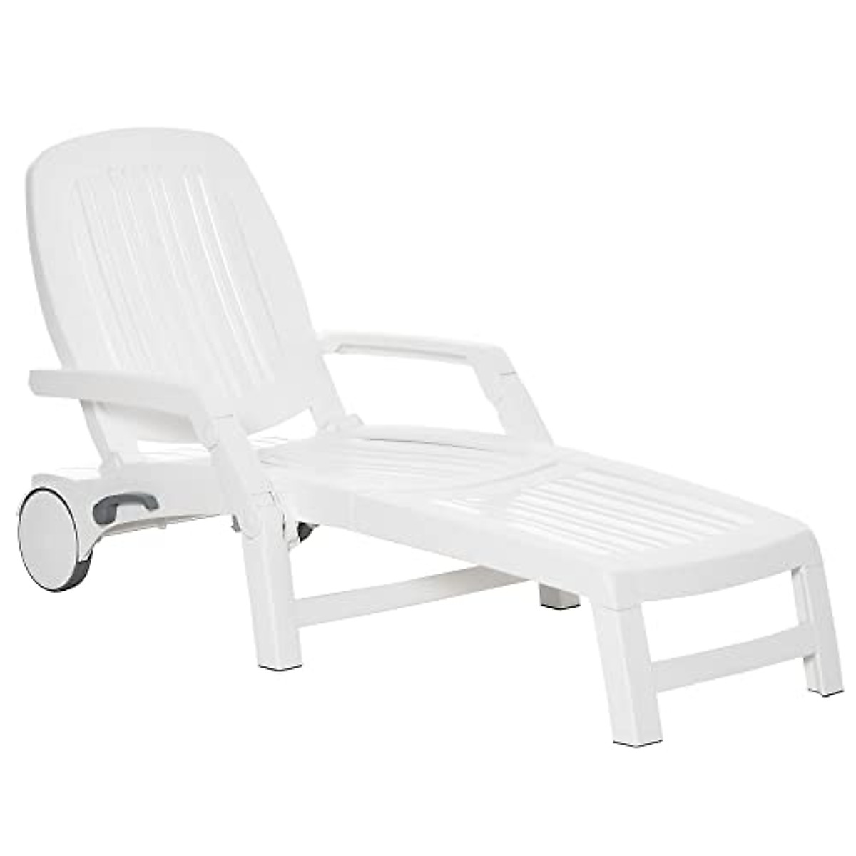Outsunny Folding Chaise Lounge Chair on Wheels with Storage Box, Lightweight Plastic Sun Recliner with 5 Position Backrest for Beach & Pool, White