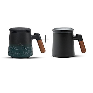 ZENS Tea Cup with Infuser and Lid, 16.8 Ounce Black & Green Gradient Embossed Large Loose Tea Mug and 13.5 Ounce Black Stoneware Glazed Ceramic Tea Cup