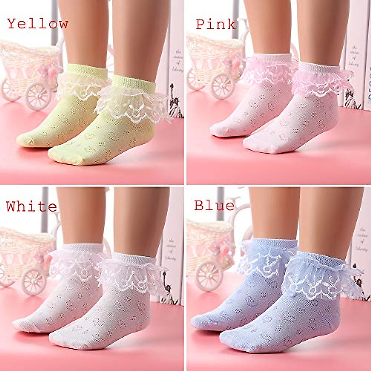 Baby Girl Lace Socks, Eyelet Frilly Lace Socks Cotton Ankle Socks for Toddler, Pack of 4 Pair