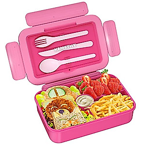 Bento Lunch Box for Kids, 4 Compartment Lunch Boxes Kids, Cutlery Storage Built-in Utensil Set, Leak-proof, Thicken, Microwave/Dishwasher/Freezer Safe, BPA-Free, Pink