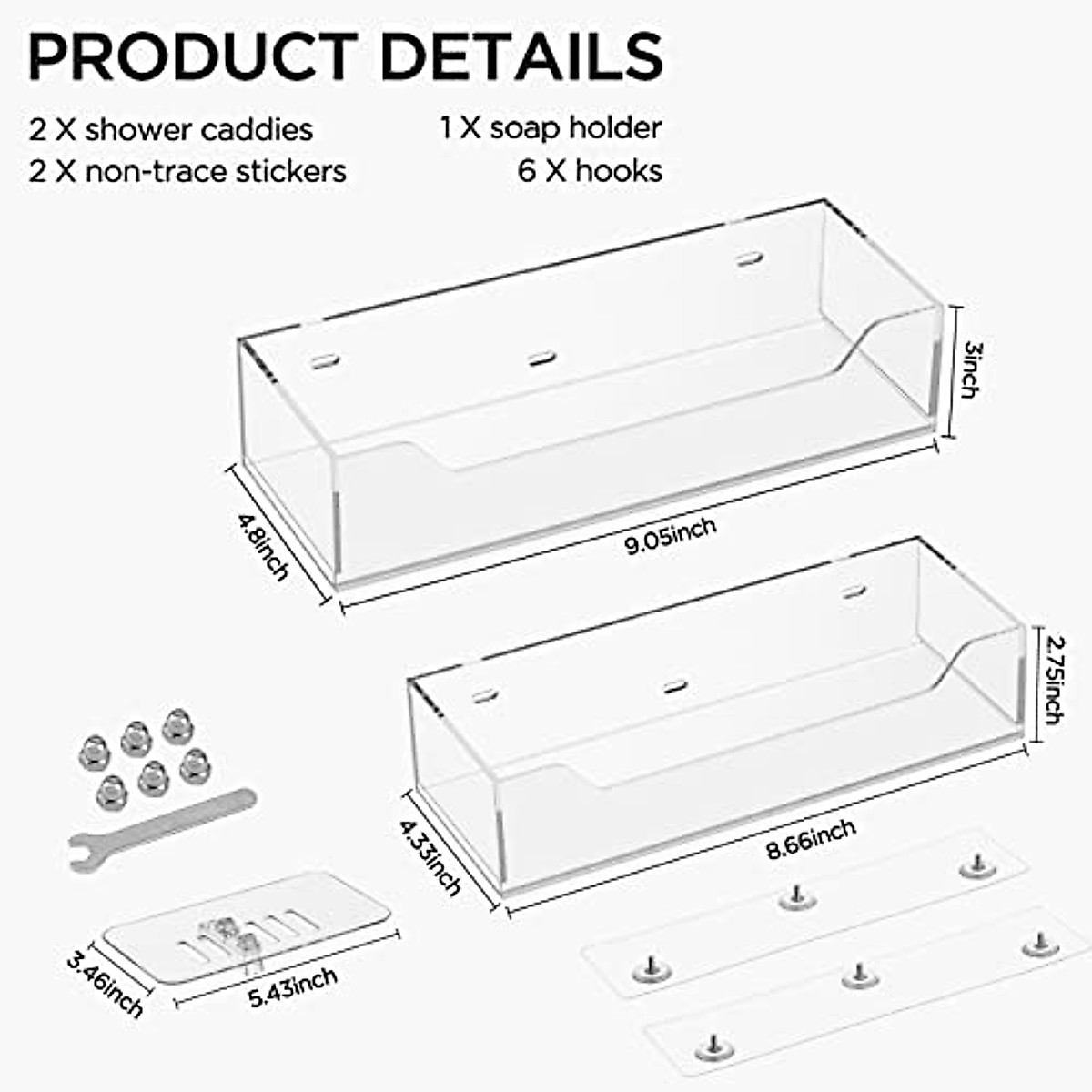 HBlife Acrylic Shower Caddy, Adhesive Shower Shelves Wall Mounted, No Drilling Bathroom Shower Organizer for Shower, Kitchen and Bedroom Wall, 2 Pack