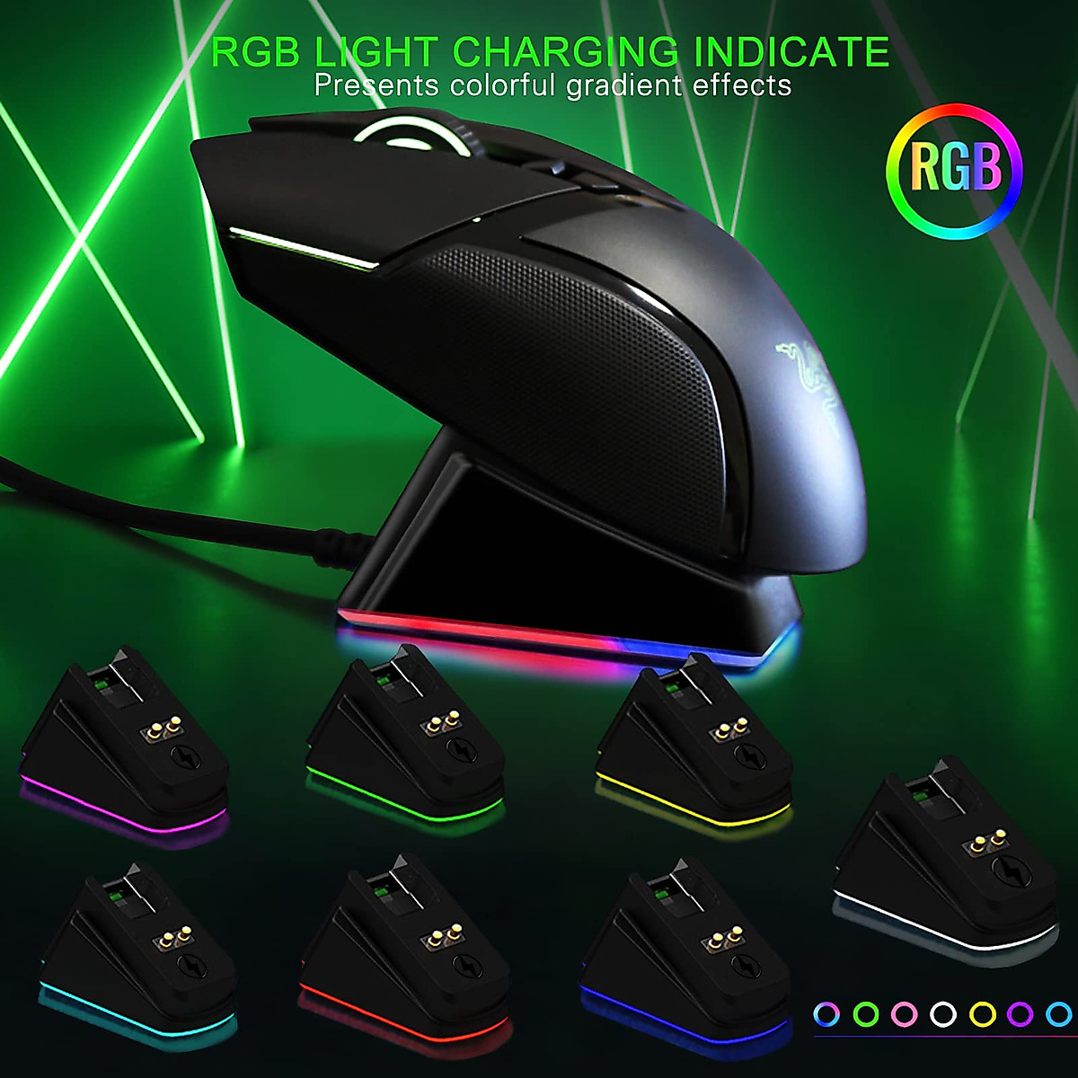Mouse Charging Dock for Razer Wireless Mouse Viper Ultimate Naga pro DeathAdder V2 Pro and Basilisk Ultimate Magnetic Charging RGB Lights Status Indicator Gecko Feet (RGB)