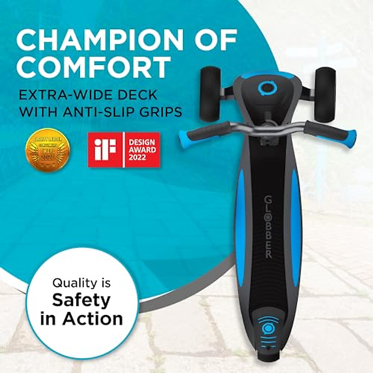 Globber Ultimum Scooter | 3-Wheel Kick Scooter for Adults & Kids 5+ | Foldable Kick Scooter with Safe, Non-Slip Deck & Premium Brakes (Sky Blue)