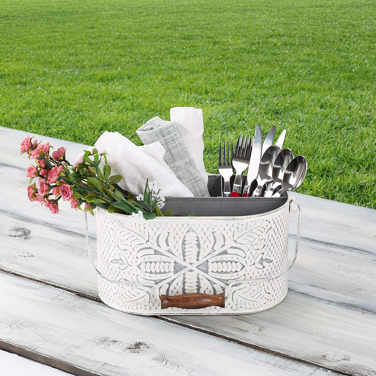 Craftsman Road Distressed White Metal Caddy – Farmhouse Galvanized Kitchen Organizer with Handle – Vintage Rustic Multi-Compartment Holder for Napkins, Plates, Cutlery, Flatware, Cleaning Supplies