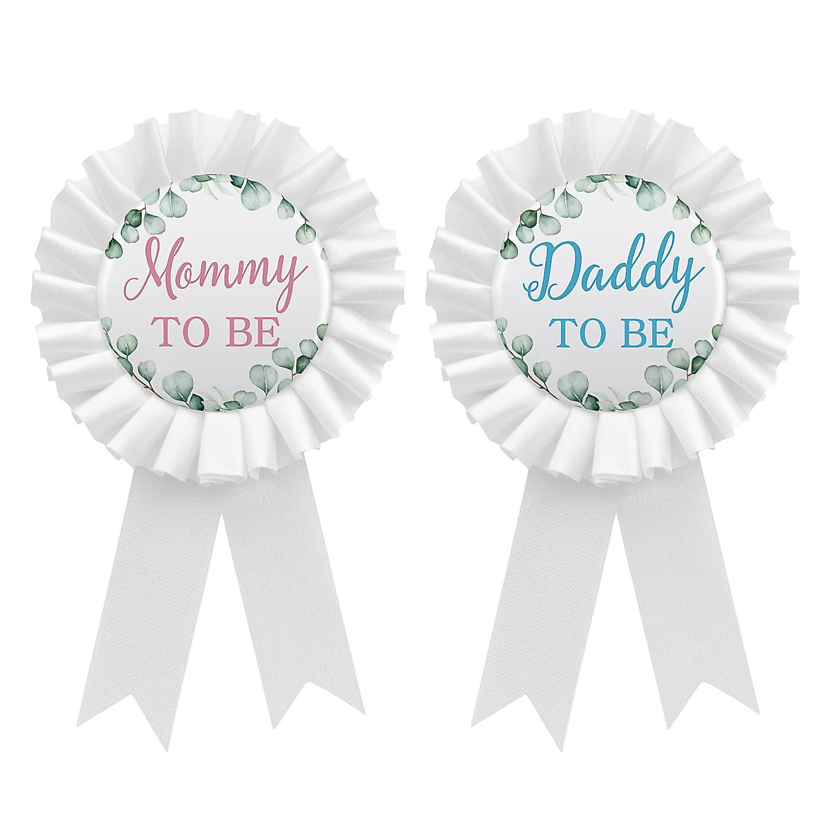 2Pcs Mom and Dad to Be Pin,Gender Reveal Baby Shower Tinplate Badge Pin,Oh Baby Green Theme Party Decorations Gifts,Pink and Blue