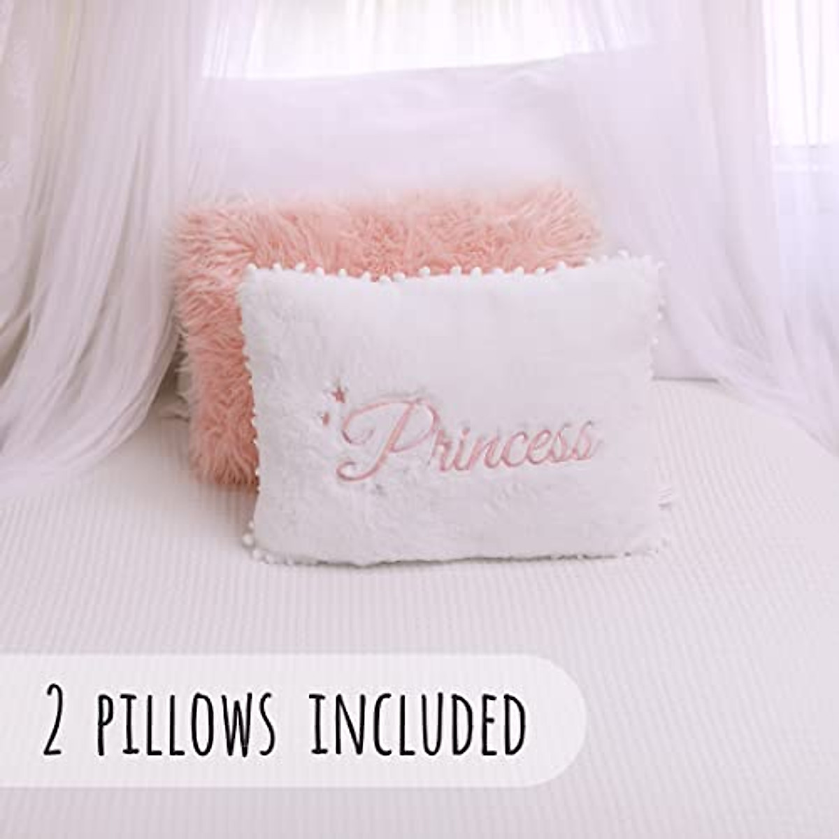 Set of 2 Decorative Pillows for Girls, Toddler Kids Room. White Fluffy Princess Pillow Embroidered and Furry Pink Faux Fur Pillow. Soft and Plush Girls Pillows – Throw Pillows for Kid’s Bedroom Décor