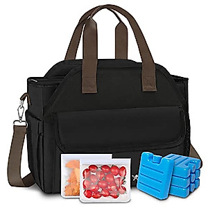 Lunch Bag for Women Insulated Lunch Boxes Women Cold Bag for Adult Men with 4 Ice Pack&2 Storage Bags&Shoulder Strap,Leakproof Large Multi-Pocket Lunch Tote for Work,Picnic,Beach,Fishing,hiking-Black
