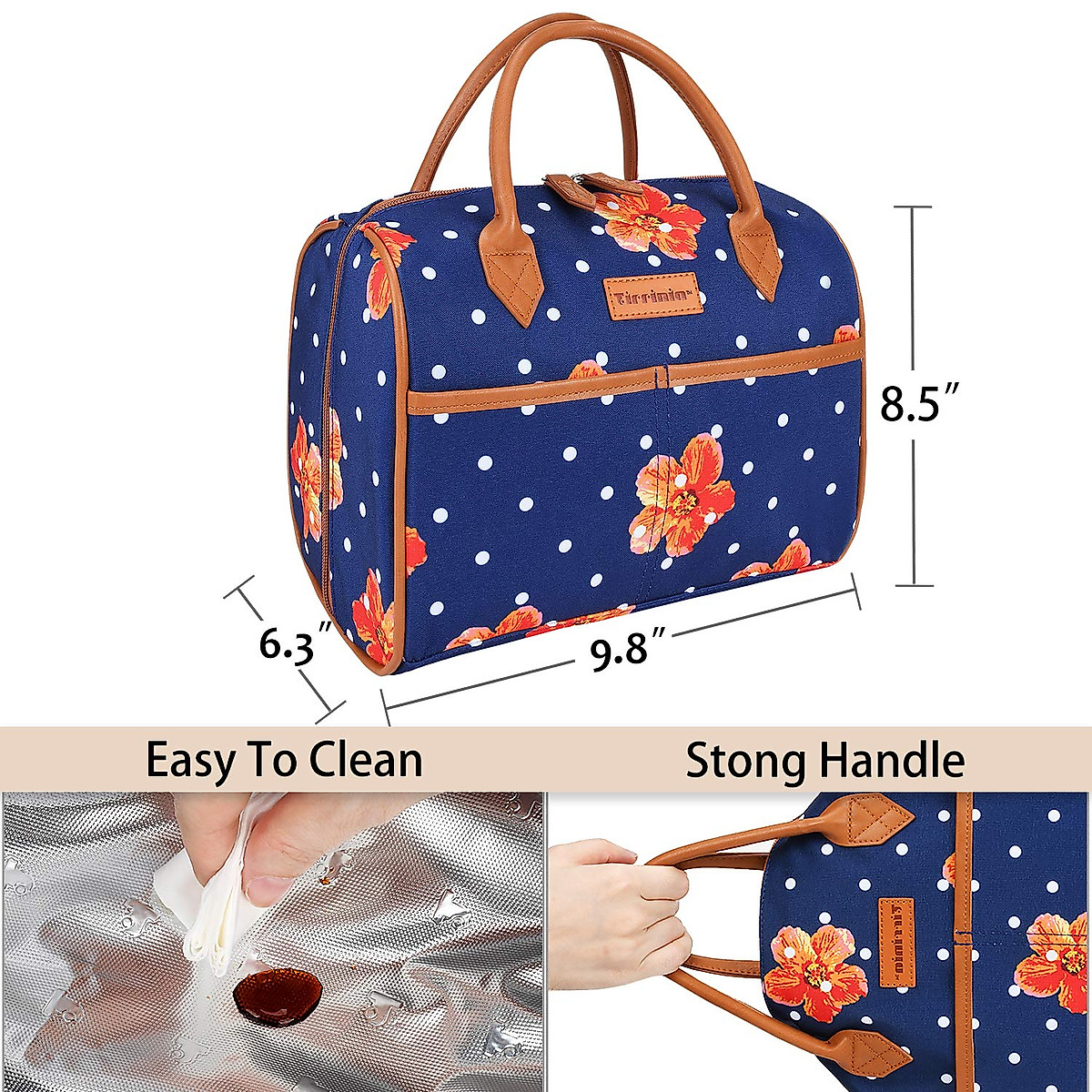 Tirrinia Insulated Lunch Tote Bag for Women w/Leather Handle, Fashionable Lunch Box for Men, Reusable Large Cooler Lunch Bag for Working/Picnic - Blue Floral