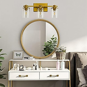 Eatich Bathroom Light Fixtures, 3-Light Brushed Gold Bathroom Vanity Light, Brass Vanity Lights for Bathroom with Clear Glass Shade, Modern Vintage Bathroom Lights Over Mirror