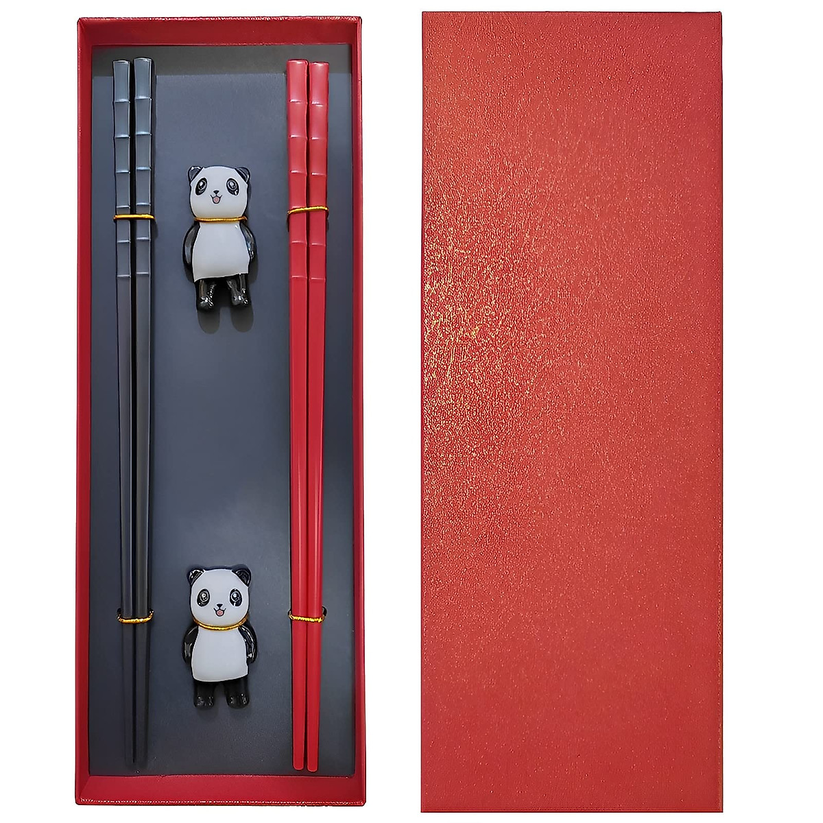 Chopsticks and Chopstick Rest Gift Set,Dishwasher Safe Reusable Fiber Glass Chopsticks and Porcelain Panda Chopsticks Holders,Red Black 2 Pairs
