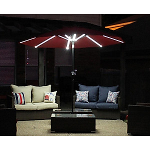 Sun-Ray 811028 9' Round Next Gen 8-Rib Solar Patio Umbrella 32 LED Within Unique Strip Lighting, Crank and Tilt, 9 ft, Scarlet/Red