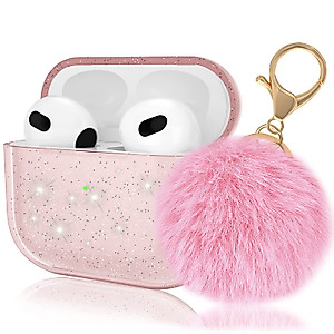 Aiiko for Airpod Case 3rd Generation Clear Glitter with Cute Pompom Keychain Soft TPU Shockproof Protective Airpod 3 Case Compatible Airpod Gen 3 Case (2021 Released) Women Girls-Glittery Pink
