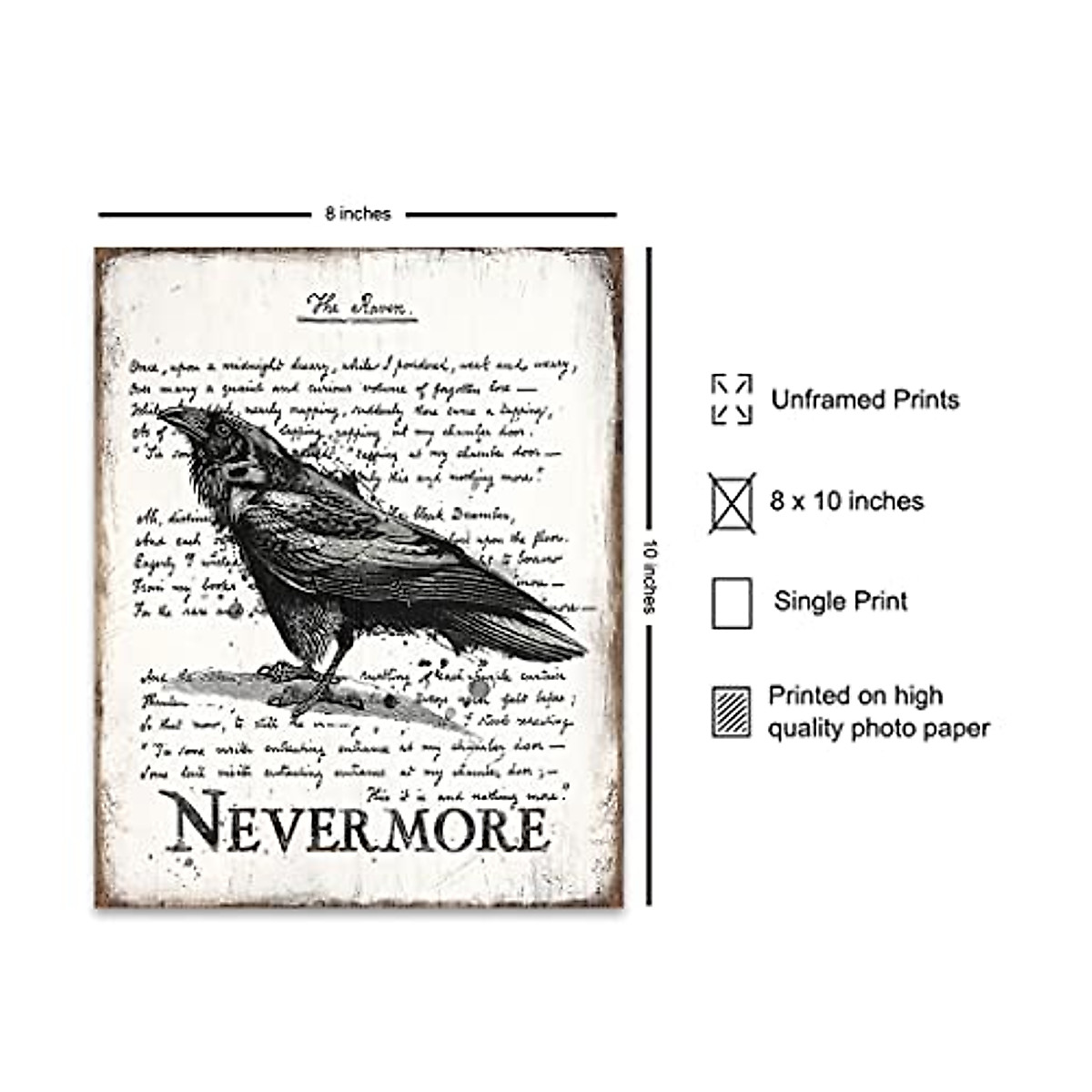 The Raven Wall Art & Decor - Nevermore - Edgar Allan Poe Gift - Goth Room Decor - Gothic Home Decor - Creepy Poem Poetry Wall Art - Vintage Rustic Decoration - Retro Style Poster Print 8x10 UNFRAMED
