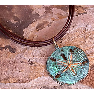 Elaine Coyne Collectible Artwear Verdigris Patina Large Brass Sand Dollar Pendant on Expresso Leather - USA Made