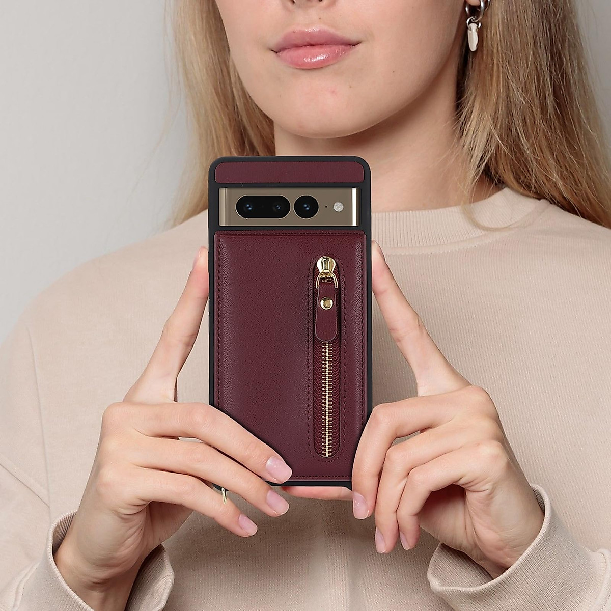 Jaorty Fit for Google Pixel 7 Pro Case for Women with Card Holder 6.7" 5G 2022,Pixel 7 Pro Phone Case with Strap,Crossbody Lanyard Cases with Credit Card Slots with Stand,Burgundy