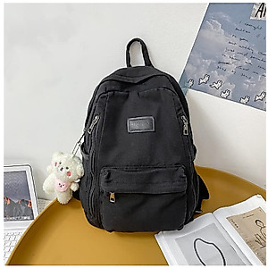 Kawaii Backpack with Kawaii Pin and Accessories, Aesthetic Minimalist Backpack Canvas School Casual Daypacks for Teens Girls (Black)