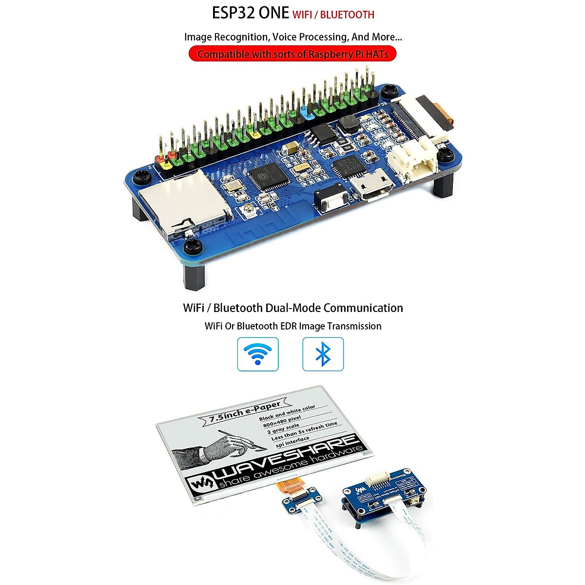 ESP32 One Mini Development Board with WiFi/Bluetooth for Raspberry Pi Hats Support Image Recognition Voice Processing Compatible with Arduino and ESP-IDF Software SDK (Without Camera)